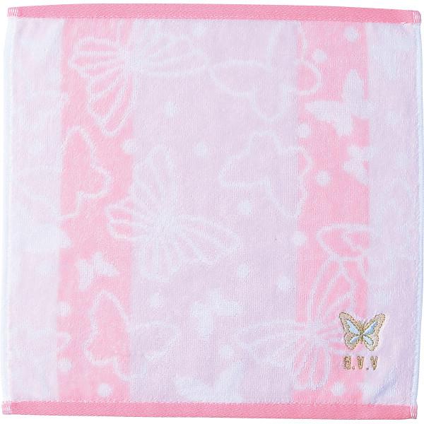 婦人向けタオルハンカチです。グラデーションの色合いがおしゃれなデザインです。●婦人タオルハンカチ1枚●綿100％●現品約25×25ｃｍタイプ：グラデ×蝶ピンクＡＶＴ−520 ＰＩ
