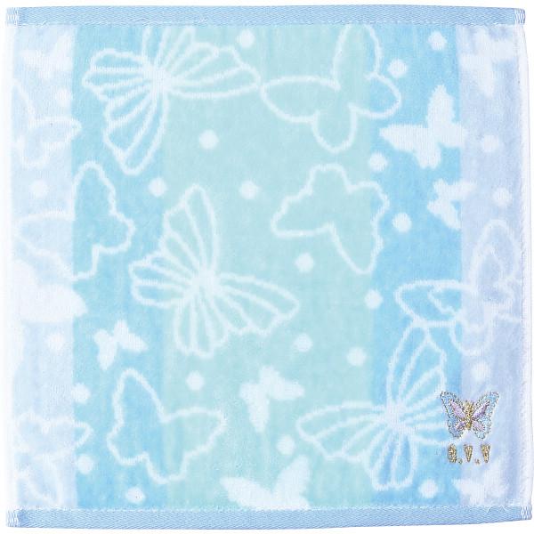 婦人向けタオルハンカチです。グラデーションの色合いがおしゃれなデザインです。●婦人タオルハンカチ1枚●綿100％●現品約25×25ｃｍタイプ：グラデ×蝶ブルーＡＶＴ−520 ＢＬ
