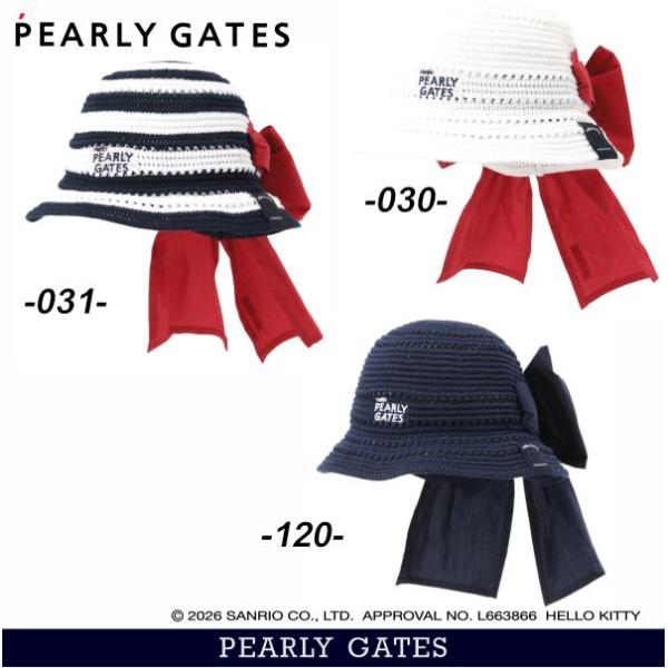 □名称：Hello Kitty×PEARLY GATES ハット【正規品】□カラー：ボーダー031・ホワイト030・ネイビー120□素材：本体/コットン79%・ポリエステル21%刺しゅう糸/ポリエステル100%リボン部分/ポリエステル65%...