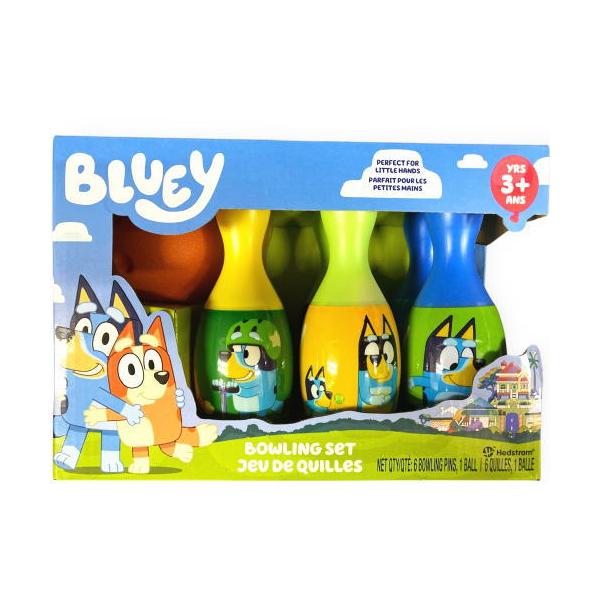 ブルーイのキッズ ボウリング・セット。ブルーイが描かれたピン6本とボール1個のセットで屋内でも屋外でもボウリングを楽しめます。サイズ ピンの高さ 約13cm　素材 プラスチック　Hedstrom社製正規ライセンス品　Bluey Bowlin...