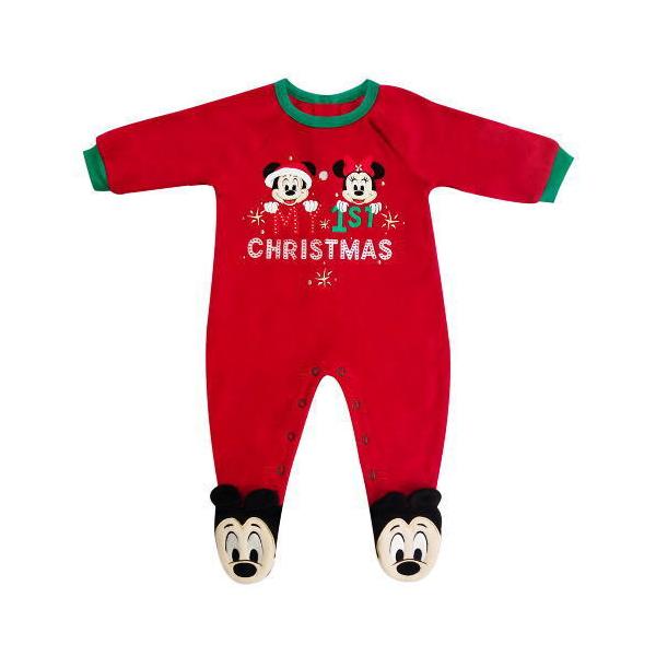 ミッキー＆ミニー ホリデー ブランケット スリーパー。My 1st Christmas メッセージとミッキーミニーの刺繍柔らかいフリース、ラグランスリーブ、コントラストのあるリブ編みのクルーネックと袖口のホリデーパジャマです。USディズニー...