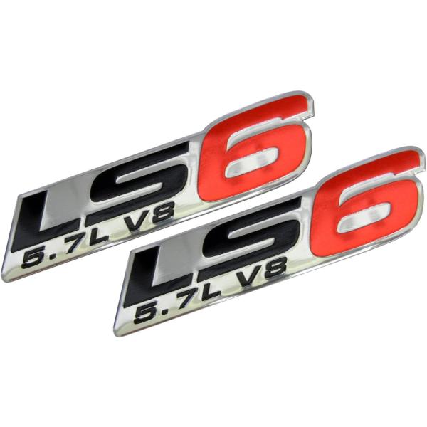 商品名2x (pair/set) LS6 5.7L V8 Red Engine Emblems Badges Nameplates Highly Polished Aluminum Chrome Silver for GM General ...