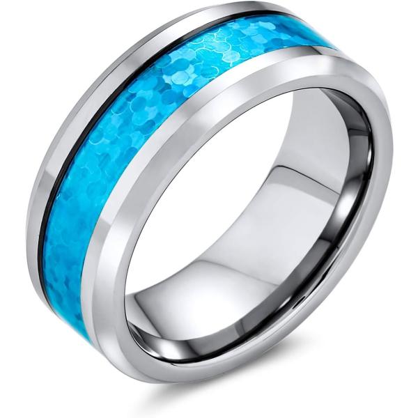 商品名[Bling Jewelry] 女性のシルバートーン8MMのための男性のためのシミュレートされたブルーオパールの象眼細工のカップルのチタンの結婚指輪リングSimulated Blue Opal Inlay Couples Titani...