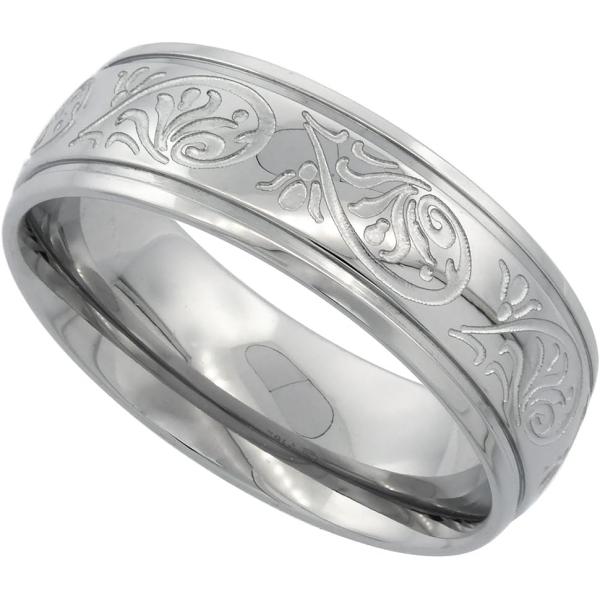 商品名Surgicalステンレススチール7 mm Scrollworkウェディングリング刻印快適フィット、サイズ6   14Surgical Stainless Steel 7mm Scrollwork Wedding Band Ring ...