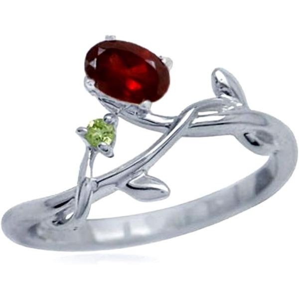 商品名Silvershake プチ本物の宝石 ホワイトゴールドメッキ 925スターリングシルバー つる リーフリング ジュエリー 女性用, スターリングシルバー, ナチュラルレッドガーネットとグリーンペリドットSilvershake Nat...