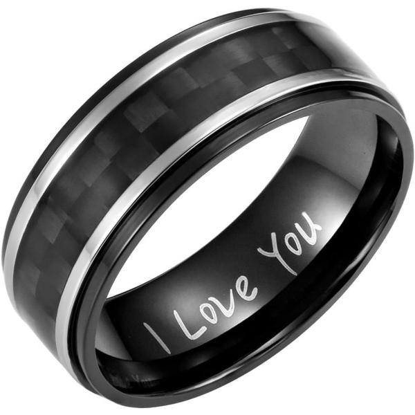 商品名Willis Judd メンズ 8mm ブラックチタン ブルーカーボンファイバーリング I Love You 刻印 ベルベットギフトボックス入り, 銅、チタン、金属、カーボンファイバー。Willis Judd Men's 8mm Bl...