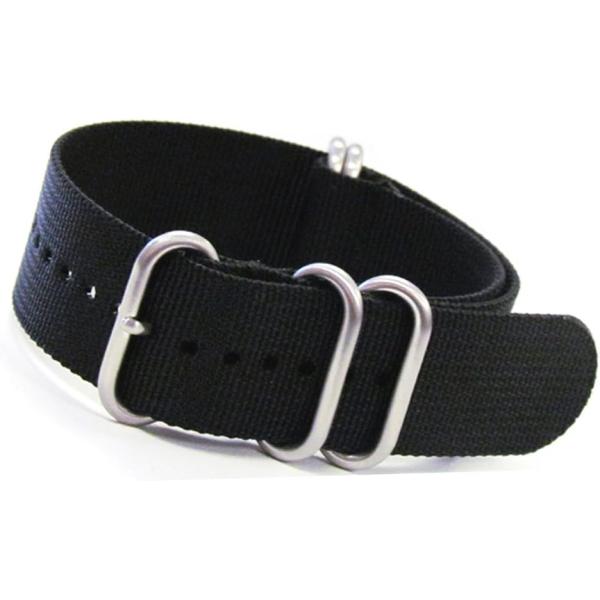 商品名バリスティックナイロン NATO 腕時計バンド ステンレススチール製リング5つ 12インチ 308mm 20mm ブラック20mm Black Ballistic Nylon Watch Band with 5 Stainless S...