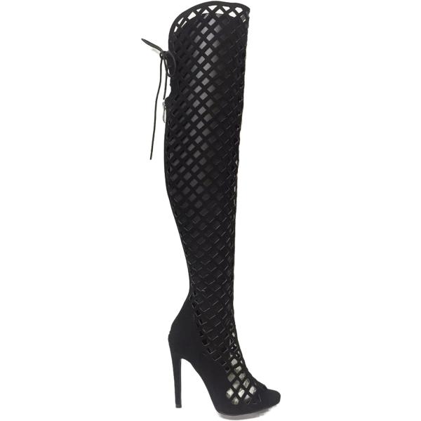 商品名Cr レディース US サイズ: 7.5 B(M) US カラー: ブラックCr Elnora Gladiator Open Toe Lace Back Full Zipper Thigh High Stiletto Heel Boo...