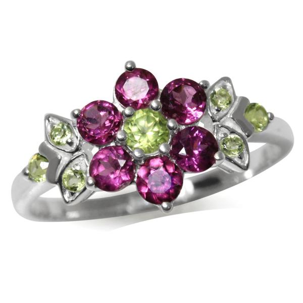 商品名: 天然ロードライトガーネット&amp;ペリドット925スターリングシルバーフラワー&amp;リーフリング Silvershake Natural Rhodolite Garnet and Peridot 925 Sterling S...