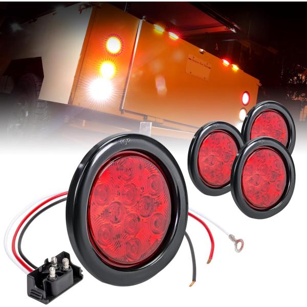 商品名4 個入り 4インチ ラウンド レッド LED トレーラー テールライト [DOT認証] [グロメット&amp;プラグ付属] [IP67防水] ターンストップ ブレーキ トレーラーライト RVトラック用TRUE MODS 4pc 4"...