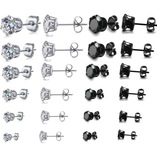 商品名12 Pair Stainless Steel Mens Womens Stud Earrings Set Black and Clear Round Cubic Zirconia Inlaid Pierced Hypoallerge...