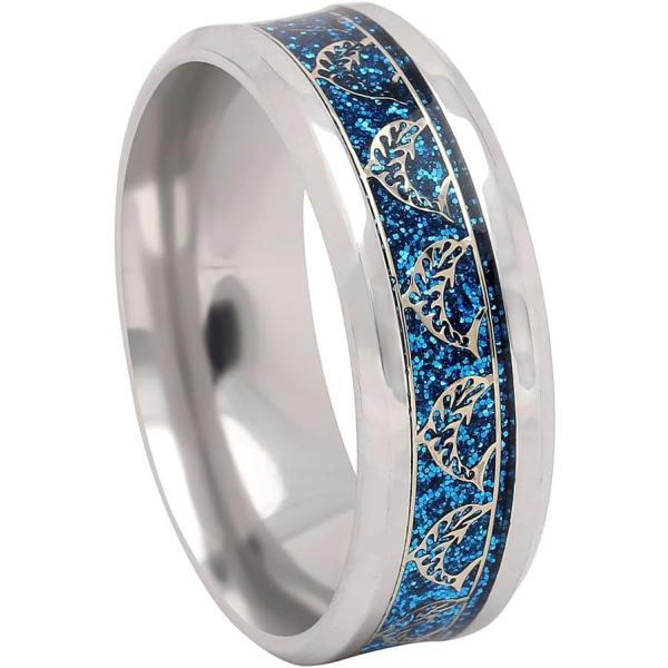 商品名Ginger Lyne Collection ドルフィンズ ステンレススチール 快適フィット 結婚指輪 オールオスカーションリング ゴールドカラー ブルーの背景に象嵌 海 波 ビーチ愛好家リング メンズ レディース ガールズ ファッシ...