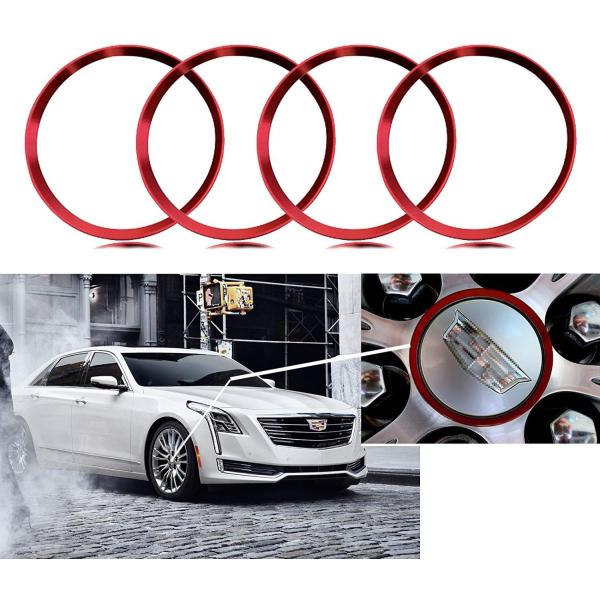 商品名4個合金車ホイールリムセンターキャップハブリング装飾用キャデラック レッド #KR13RXotic Tech 4pcs Aluminum Wheel Hub Logo Center Cap Surrounding Ring Cover...