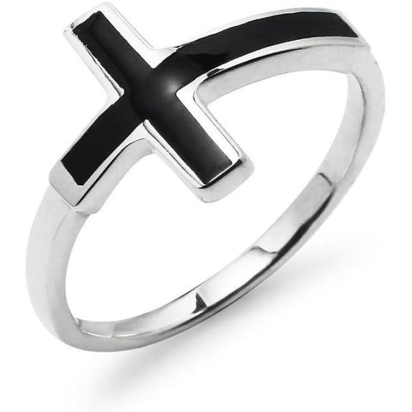 商品名クロスリングスターリングシルバーシミュレートオニキスインレー   Love友情約束バンドサイズ5 to 9Cross Ring Sterling Silver Simulated Black Onyx Size 5ブランド：Silve...
