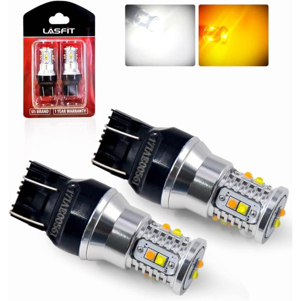 商品名Lasfit 7443 Switchback LED Bulb Turn Signals Front 7444na 7444 Dual Amber White Daytime Running Lights DRL Lighting F...