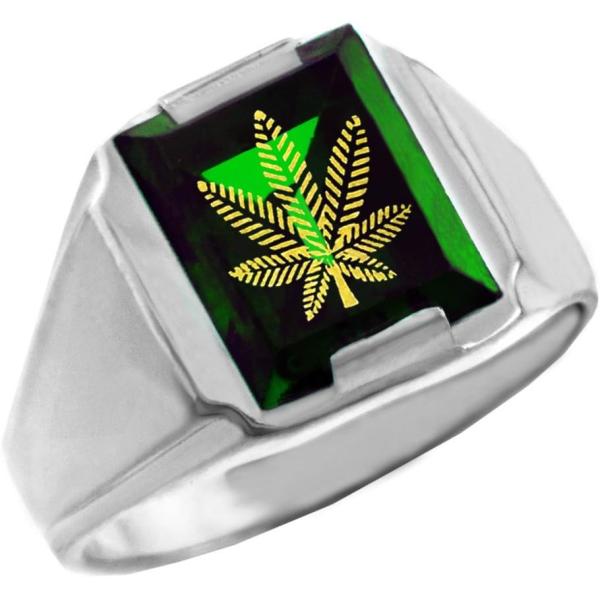 商品名メンズ 14Kホワイトゴールド グリーンストーン スクエアと大麻マリファナリーフリングMen's 14k White Gold Green Stone Square and Cannabis Marijuana Leaf Ring (...
