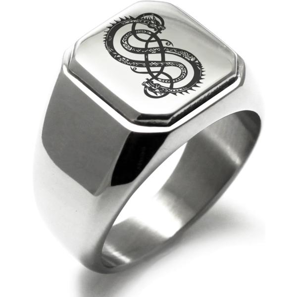 商品名ステンレススチールGod of Mischief Loki Viking Norseシンボル刻印スクエアフラットトップバイカースタイル光沢リングTioneer Stainless Steel God of Mischief Loki ...