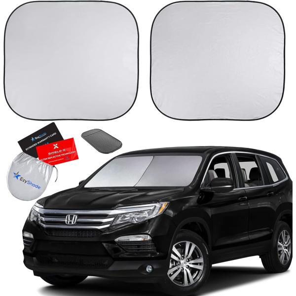 商品名EzyShade シールド-X反射技術を採用したフロントガラス用サンシェード 車のサイズチャートをご覧ください 折りたたみ式2ピース車用サンシェード 紫外線と熱を反射して車を保護します 最大(Lサイズ)EzyShade Windshi...