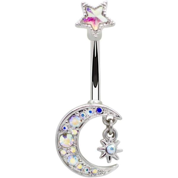 商品名Pierce2GO 14G 7/16インチ クリスタルムーンペンダント ベリーボタンリング ハンギングスターバーベル ボディピアス ジュエリー レディース, 316Lサージカルスチール。Pierce2GO Crystal Moon B...