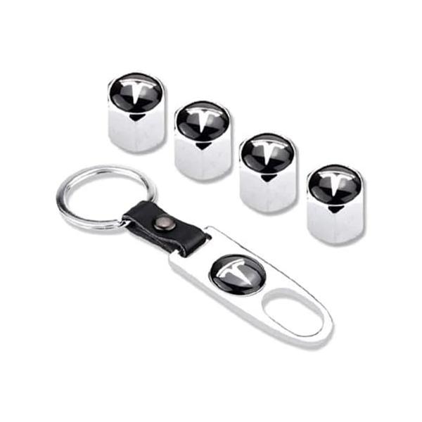 商品名CoolKo ユニバーサル 車 ホイール タイヤ ステム エアキャップ カバー バルブ 盗難防止 アルミニウム合金ガード レンチキーチェーン付き Tesla Model X S 3 Yに対応 (テスラロゴデザイン シルバー) 4個Co...