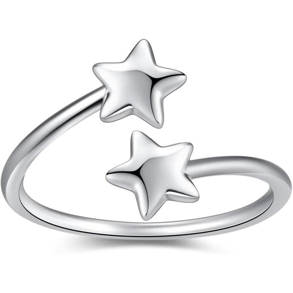 商品名VG Studioダブルキュート5点星調節可能なオープンリング、シルバーメッキ。VG Studio Double Cute Five Pointed Star Adjustable Open Rings, Silver Platedブ...