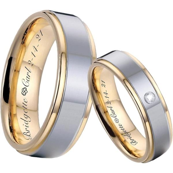 商品名カスタマイズ可 シルバー&amp;ゴールド ツートーン タングステン カップルリング 2個セット カスタマイズ可, タングステン, ラインストーンPersonalized Silver &amp; Gold Two Tone Tung...