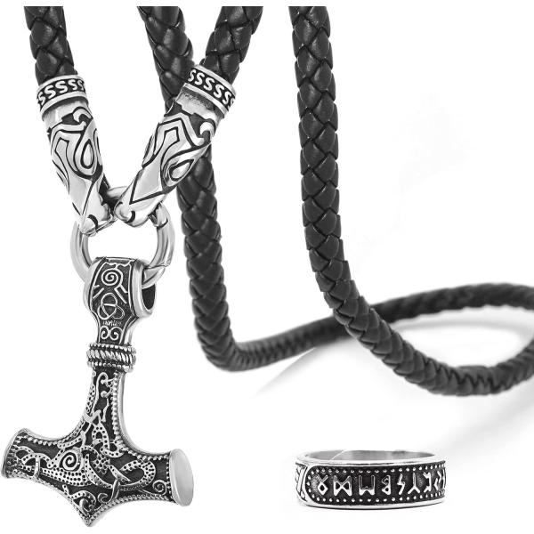 商品名BaviPower Mjolnir The Thor's Hammer Pendant with Wolf Heads 編み込みレザーネックレス   ステンレススチール   Norse Scandinavian ネックレス   本物の...