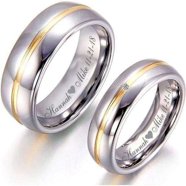 商品名パーソナライズされたシルバー&amp;ゴールド ステンレススチール ツートーンカップルリングセット 彼と彼女のカスタムプロミスリング 刻印無料Personalized Silver &amp; Gold Stainless Steel...