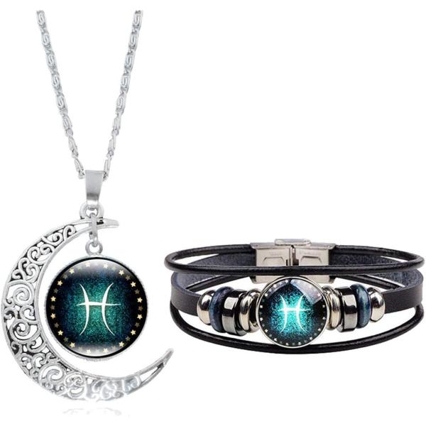商品名CHUYUN ファッション12 12星座 手編みレザーブレスレットとムーンペンダントネックレス ゾディアックサインジュエリーセットDcfywl731 Pisces Zodiac Necklace Bracelet Fashion 12...