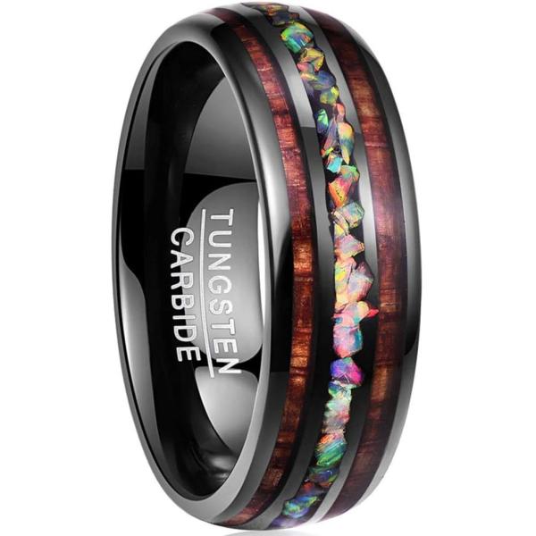 商品名NUNCAD 6mm/8mm ハンドメイド タングステン 結婚指輪 ハワイ コアウッド ドーム型 ブラック タングステンリング メンズ レディース セット サイズ5~17NUNCAD Crushed Fire Opal Tungste...