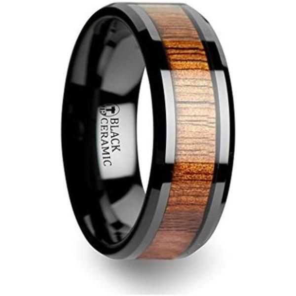 商品名Roy Rose Jewelry Thorsten アカシアブラックセラミックリング 本物のハワイコアウッド象嵌 面取りエッジ 幅8mm カスタマイズ可 ブラックACACIA Black Ceramic Ring with Genui...