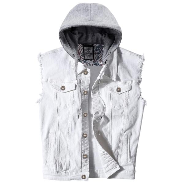 商品名: Heihuohua OUTERWEAR メンズ US サイズ: Large カラー: ホワイト Heihuohua Men's Hooded Denim Vest Classic Stretchy Trucker Sleevele...