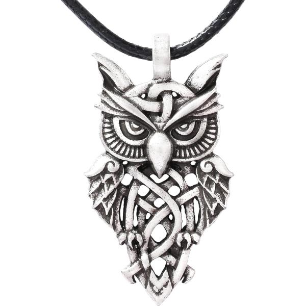 商品名HAQUIL フクロウジュエリー フクロウペンダント レザーコードネックレス 男女兼用 19.7インチ シルバーHAQUIL Owl Necklace, Celtic Owl Pendant, Faux Leather Cord, O...