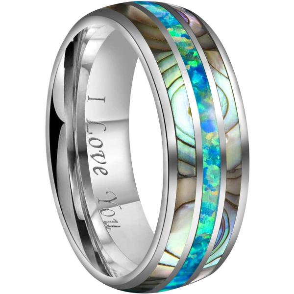 商品名CROWNAL 8mm Blue Opal And Abalone Shell Inlay Tungsten Carbide Ring Men Women Wedding Band High Polished Engraved I L...