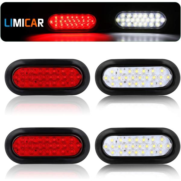 商品名LIMICAR レッド2個 ホワイト2個 6インチ 楕円形 24個のLEDトレーラーテールライトキット ブレーキストップテールランニングライト 防水 12V 密閉 6インチ オーバルLEDテールライト トラック トレーラー バス RV...