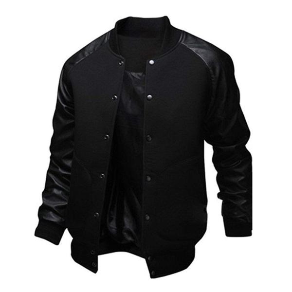 商品名: Kalanman OUTERWEAR メンズ US サイズ: Small カラー: ブラック Kalanman Mens Fashion Splicing Leather Sleeve Letterman Jacket Varsi...