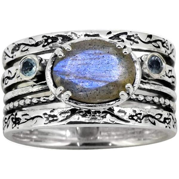 商品名YoTreasure ラブラドライト スイスブルートパーズ ソリッド925スターリングシルバー リングYoTreasure Labradorite Swiss Blue Topaz 925 Sterling Silver Antiqu...
