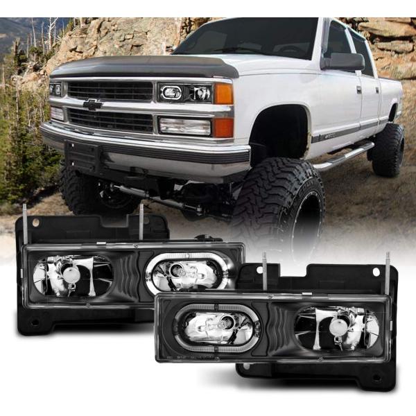 商品名AmeriLite ブラッククリスタルヘッドライトLEDヘイローセット シボレーフルサイズ用 - 助手席と運転席側AmeriLite Crystal Halogen Car Headlights LED Halo Set For Ch...