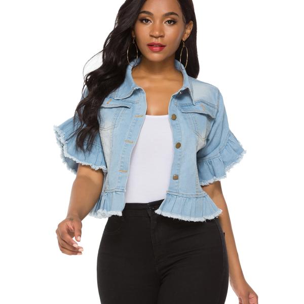 商品名:  Suvimuga Women's Denim Jacket Button Down Distressed Ruffle Sleeve Crop Jean Jackets Coat Blue Lブランド: Suvimuga商品サイ...
