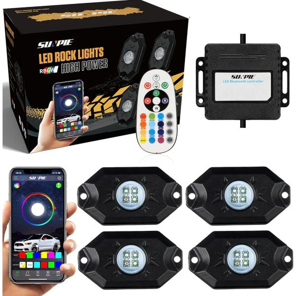商品名SUNPIE RGB LEDロックライト   4ポッドライト マルチカラー ネオンライト オフロード トラック SUV ATV UTV アンダーグロー ボディライトキットSUNPIE RGBW LED Rock Lights 4 Po...