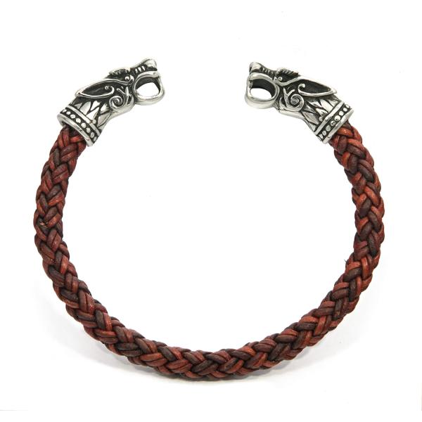 商品名BaviPower ハンドクラフト フェンリルウルフヘッド トークバングルブレスレット 柔軟 ブラウン 本革 ステンレススチール 北欧スカンジナビアブレスレット 本物のバイキング メンズ ブレスレットBAVIPOWER Handcra...