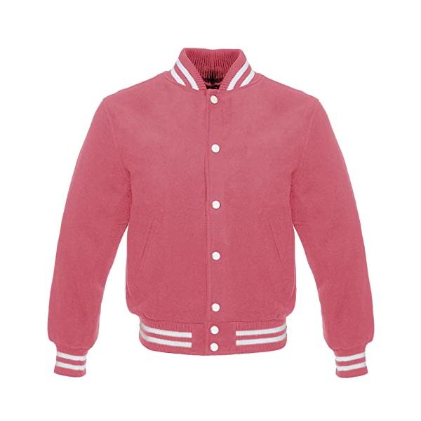 商品名: メンズ オールウール ボンバースタイル レターマン ベースボールニット リブ ヴァーシティジャケット US サイズ: 5X カラー: ピンク Men's All Wool Bomber Style Letterman Baseba...
