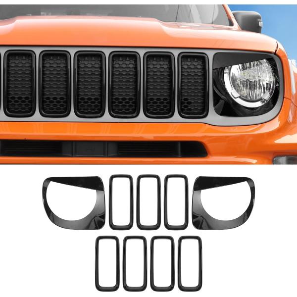 商品名Front Grill Inserts Grille Inserts &amp; Angry Bird Style Headlight Bezels Cover Trim for Jeep Renegade 2019+ (Black)...