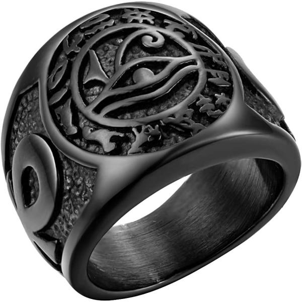 商品名Valily Eye of Horus Ring for Men/Women Stainless Steel Egyptian Hieroglyphics Key of Life Black Ankh Cross Ring Size ...