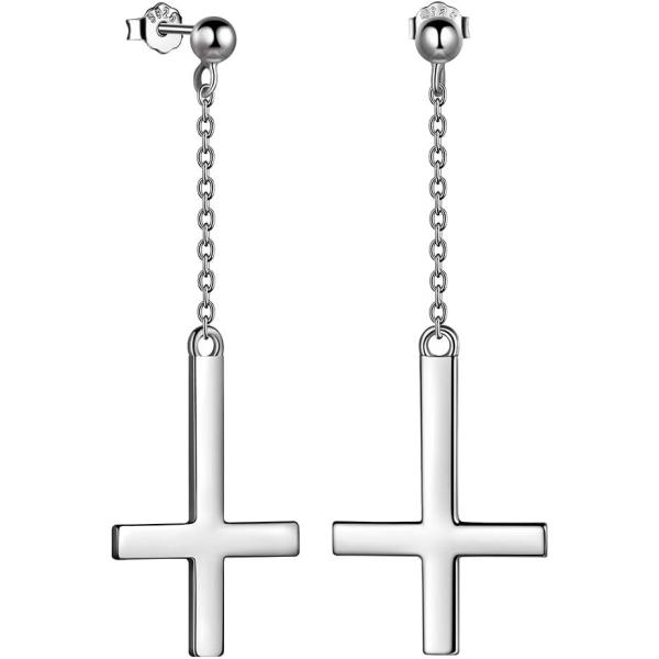 商品名Inverted Cross Earrings for Men Women 925 Sterling Silver Upside Down Cross Earrings Long Chain Satanic Earrings St. ...