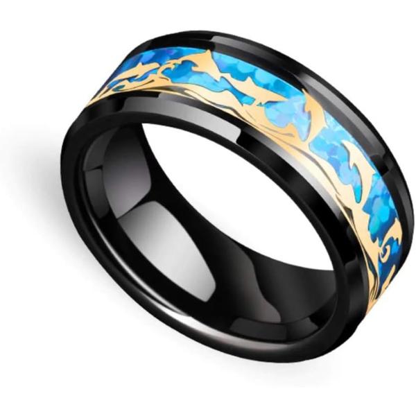 商品名Dolphin Ocean Waves ブラックステンレススチール 快適フィット 結婚指輪 オールオケーシオンリング ゴールドカラー ブルー背景 オーシャンウェーブ ビーチラバーリング メンズ レディース ガールズ ファッションジュエ...