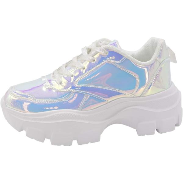 商品名LUCKY STEP レディース 90S チャンキープラットフォーム 反射スニーカー - ホワイト ホログラム カジュアル レースアップ ウォーキング ダッドスニーカー, ホワイトホログラム, 9LUCKY STEP Women 90...