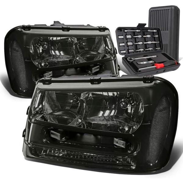 商品名スモークハウジング クリアコーナーヘッドライトランプ+ツールキット シボレートレイルブレイザー02-09対応Smoked Housing Clear Corner Headlight Lamps+Tool Kit Compatible...