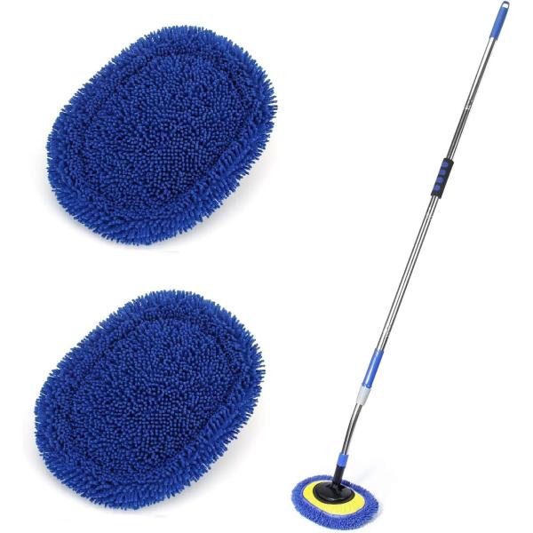 商品名66インチ 洗車ブラシ 長いハンドル付き シェニールマイクロファイバーソフト洗車モップクリーニングツールキット 15° 労力を節約するエルボー延長ステンレススチールポール&amp;交換用ヘッド付き RV、SUV、トラックハウス用66'...