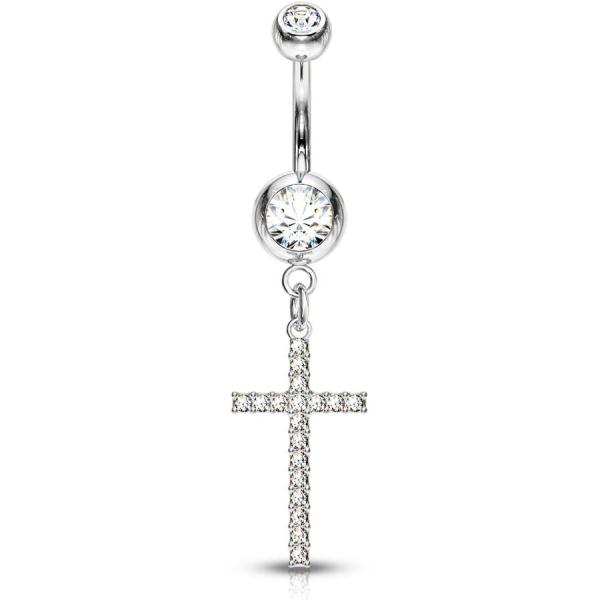商品名Dynamique クリスタルペイブクロスダングル ダブルジュエル 316L サージカルスチール ベリーボタンリング (1個あたり販売)Dynamique Crystal Paved Cross Dangle Double Jewel...